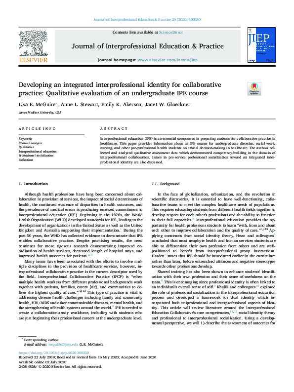 (PDF) Developing an integrated interprofessional identity for collaborative practice ...