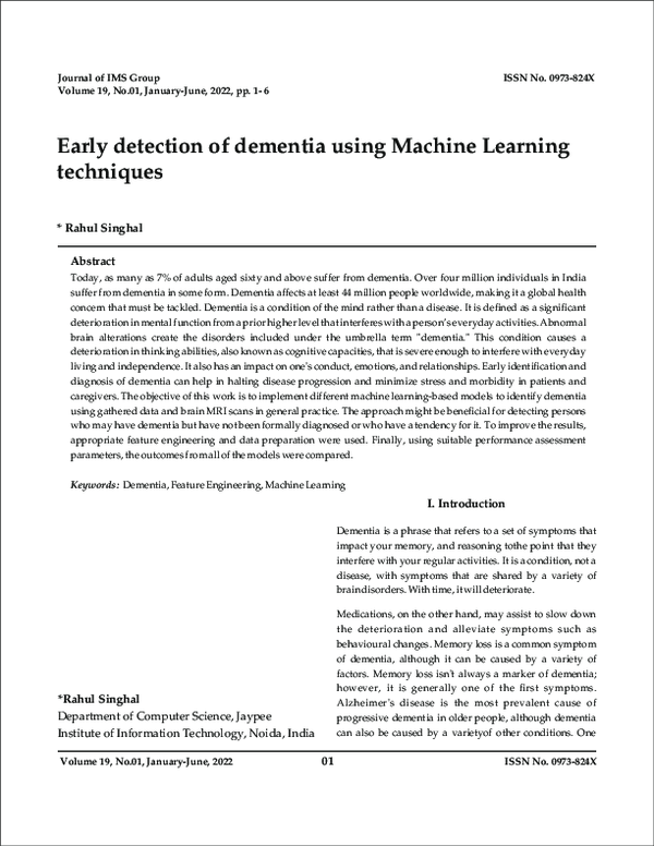(PDF) Early detection of dementia using Machine Learning techniques (PDF) Early detection of dementia using Machine Learning techniques