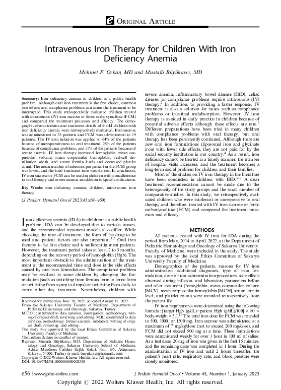 (PDF) Intravenous Iron Therapy for Children With Iron Deficiency Anemia