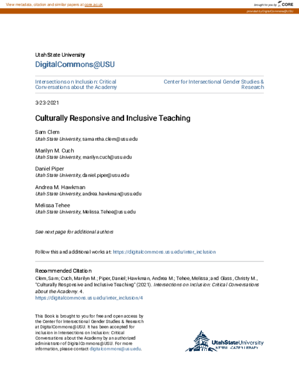(PDF) Culturally Responsive and Inclusive Teaching