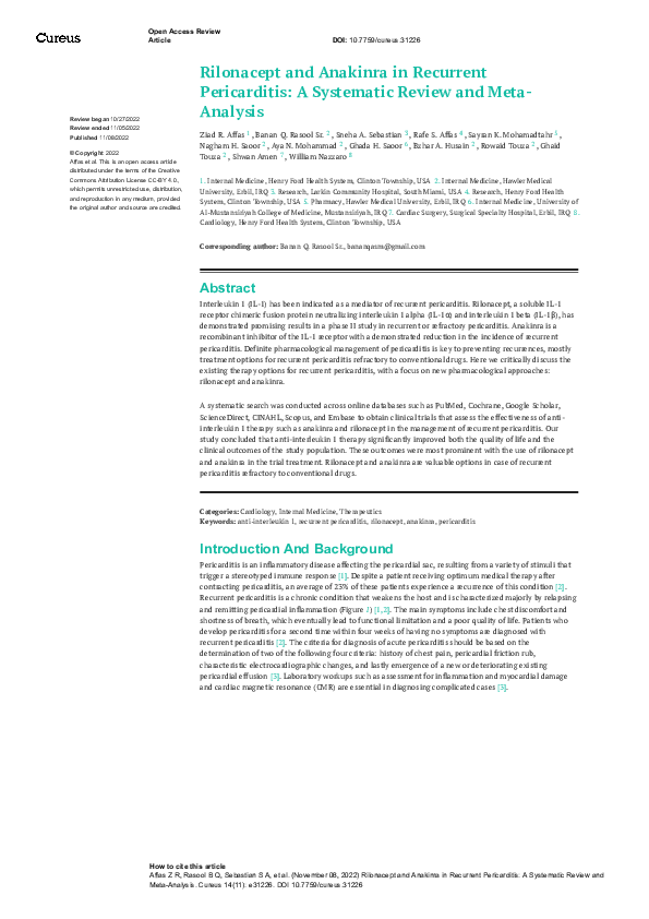 (PDF) Rilonacept and Anakinra in Recurrent Pericarditis: A Systematic ...