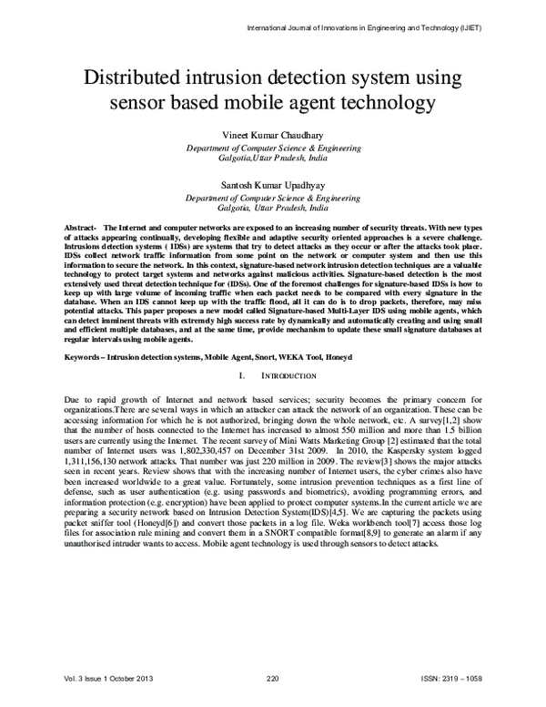 (PDF) Distributed intrusion detection system using sensor based mobile ... (PDF) Distributed intrusion detection system using sensor based mobile ...