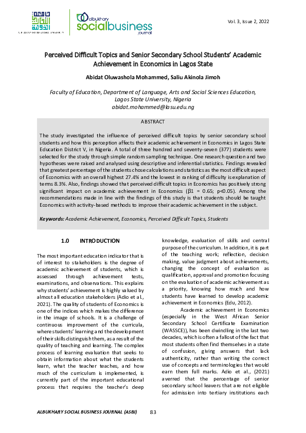 (PDF) Perceived Difficult Topics and Senior Secondary School Students ...