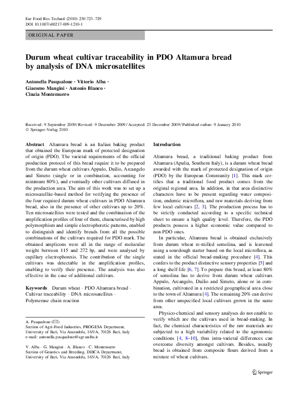 (PDF) Durum wheat cultivar traceability in PDO Altamura bread by ...