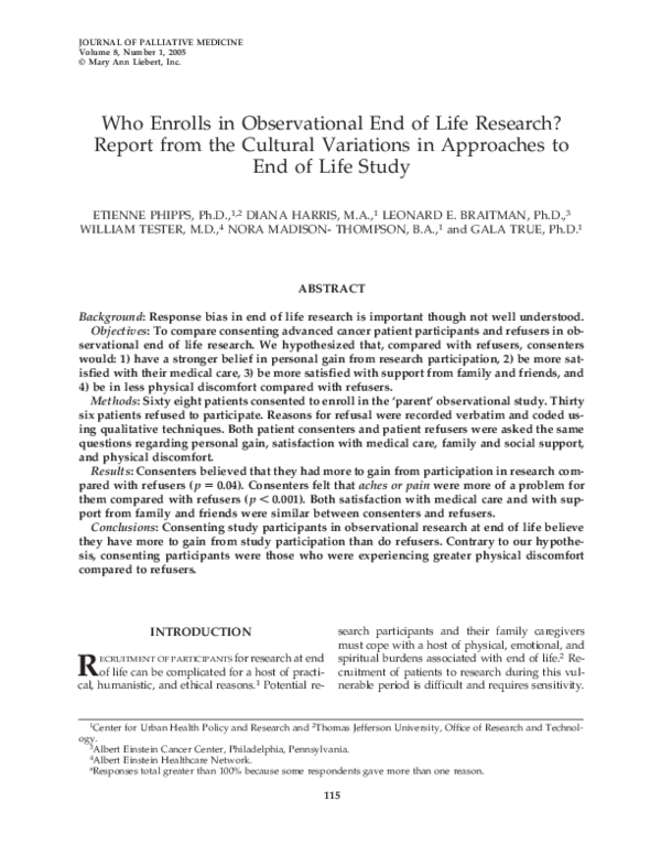 (PDF) Who Enrolls in Observational End of Life Research? Report from ...