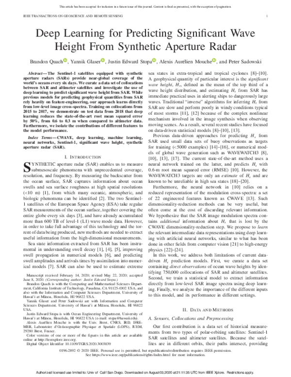 (PDF) Deep Learning for Predicting Significant Wave Height From Synthetic Aperture Radar