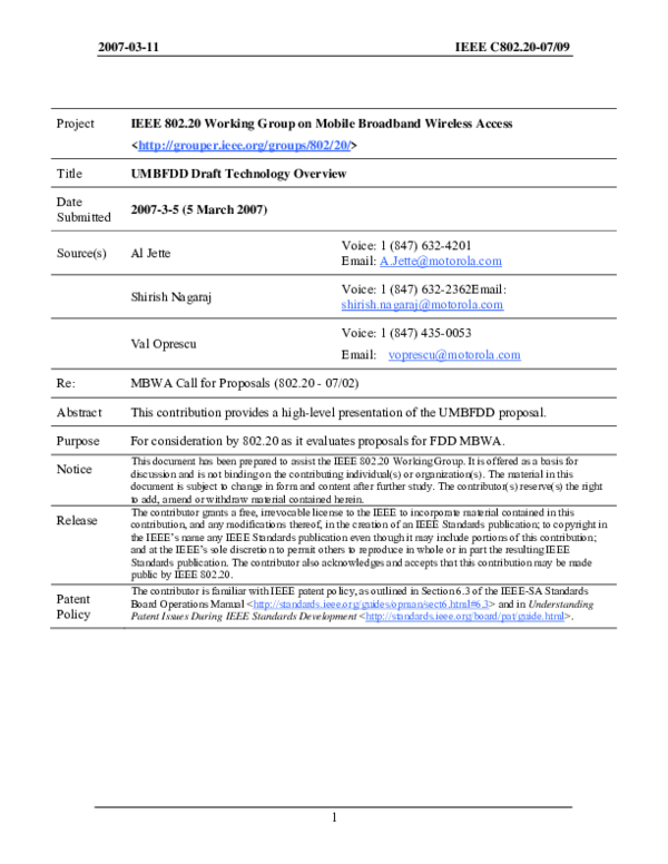 (PDF) UMBFDD Candidate Proposal for IEEE 802.20 | Shirish Nagaraj ...