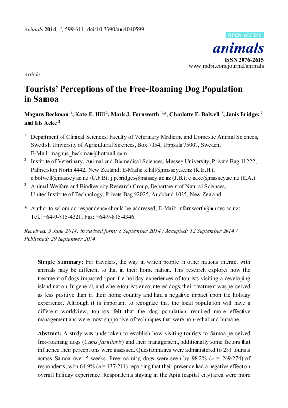 (PDF) Article Tourists ’ Perceptions of the Free-Roaming Dog Population ...