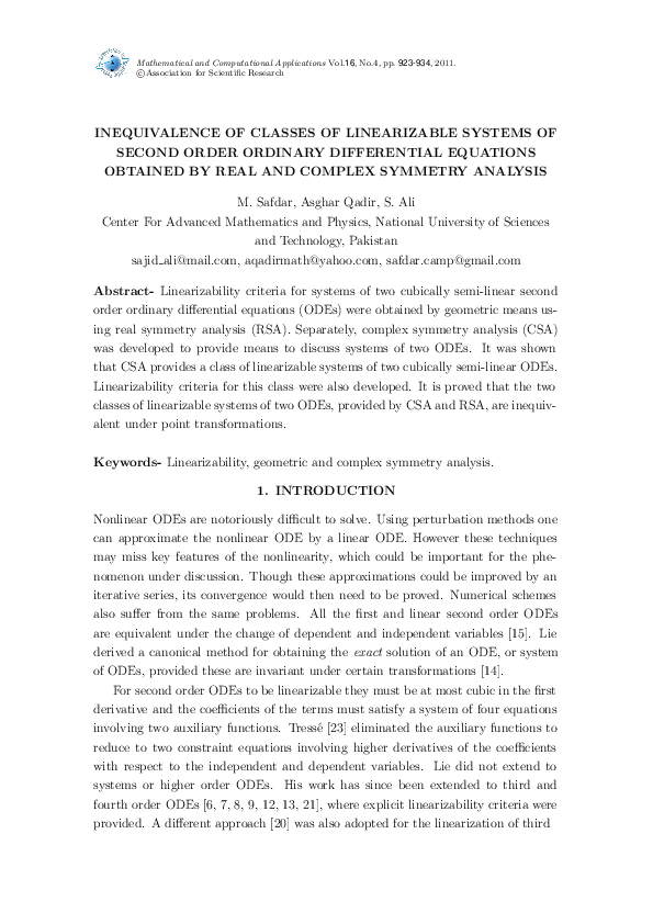 (PDF) Inequivalence of Classes of Linearizable Systems of Second Order ...
