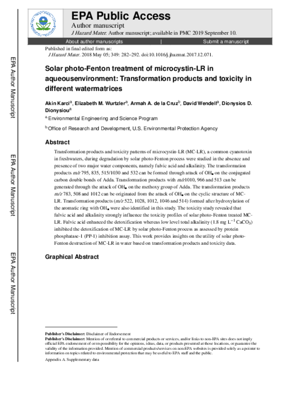 (PDF) Solar photo-Fenton treatment of microcystin-LR in aqueous environment: Transformation ...