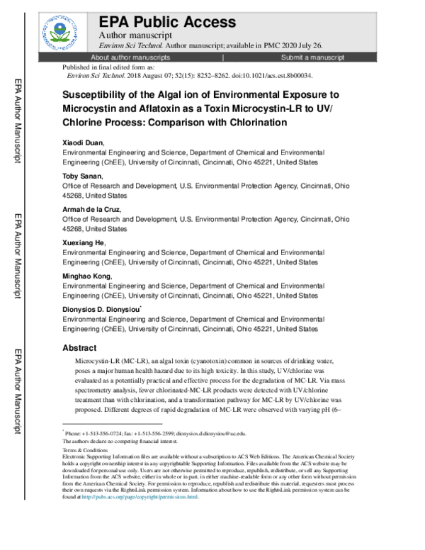 (PDF) Susceptibility of the Algal Toxin Microcystin-LR to UV/Chlorine Process: Comparison with ...