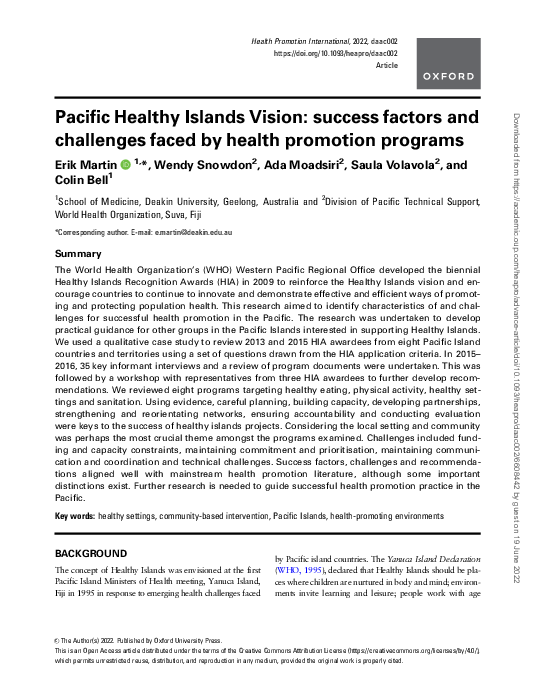 (PDF) Pacific Healthy Islands Vision: success factors and challenges ...