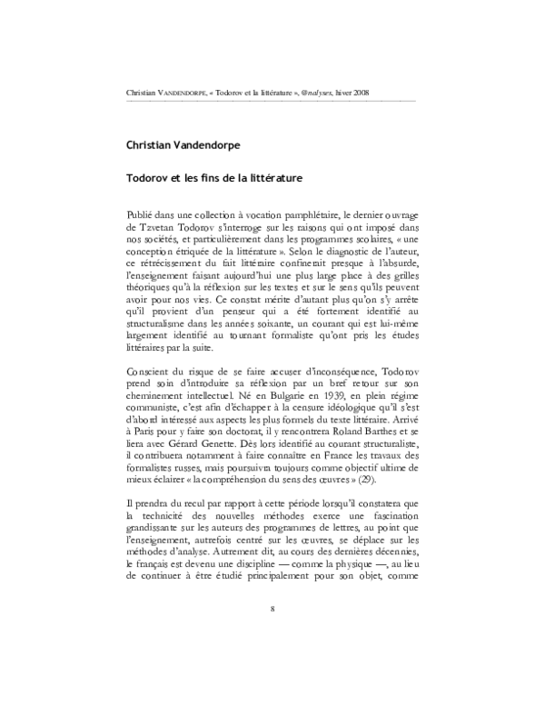 (PDF) Tzvetan Todorov, La littérature en péril