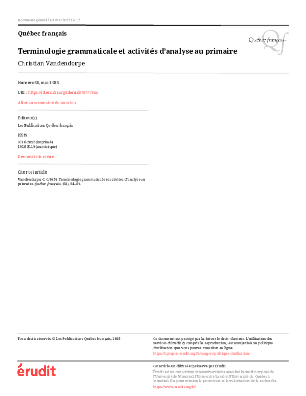 (PDF) Terminologie grammaticale et activités d’analyse au primaire