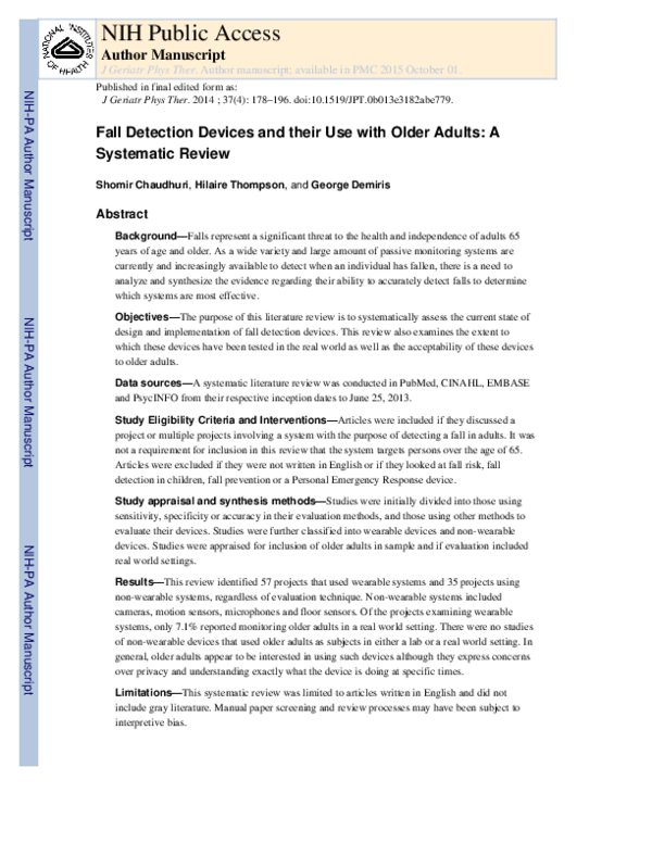 (PDF) Fall Detection Devices and Their Use With Older Adults