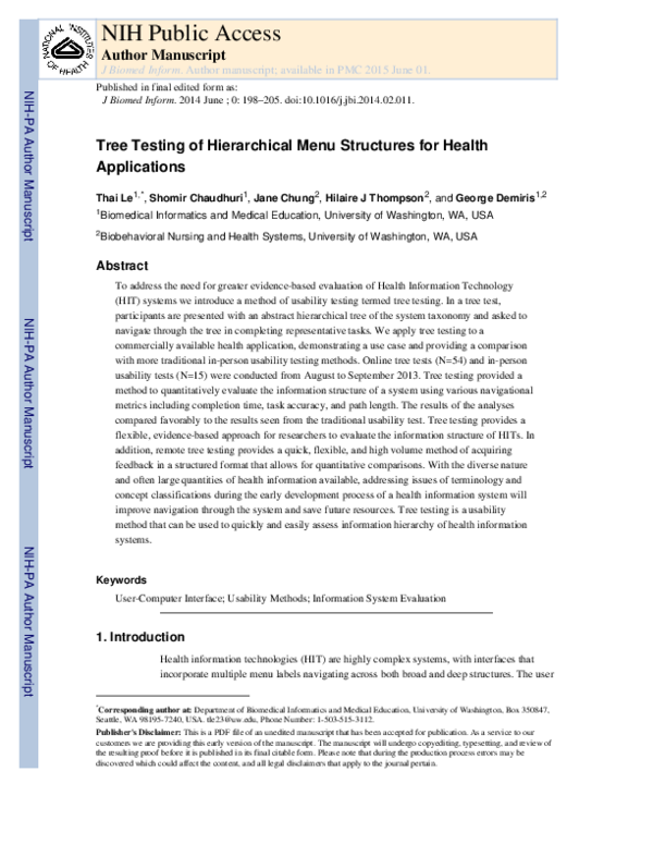 (PDF) Tree testing of hierarchical menu structures for health applications