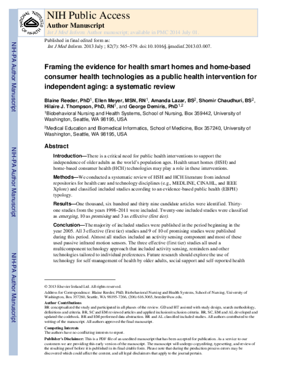 (PDF) Health Smart Homes for Aging Independence