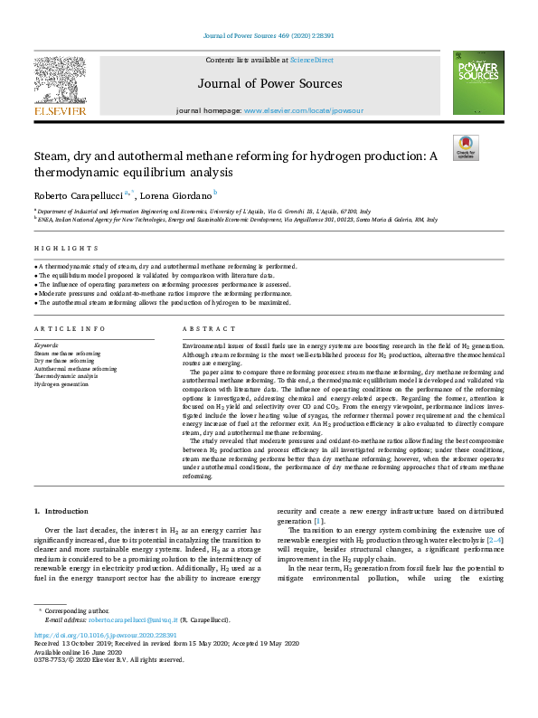 (PDF) Steam, dry and autothermal methane reforming for hydrogen ...