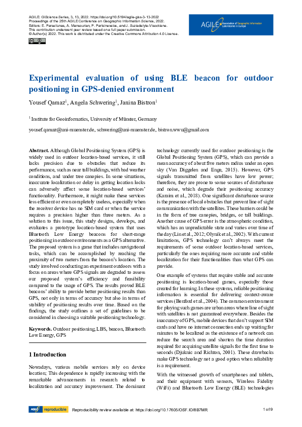 (PDF) Experimental evaluation of using BLE beacon for outdoor positioning in GPS-denied environment