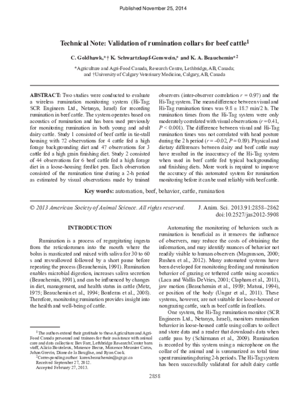 (PDF) Technical Note: Validation of rumination collars for beef cattle | Karen SChwartzkopf ...