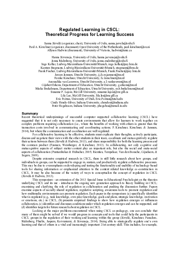 (PDF) Socially shared regulation of learning in CSCL: understanding and prompting individual ...