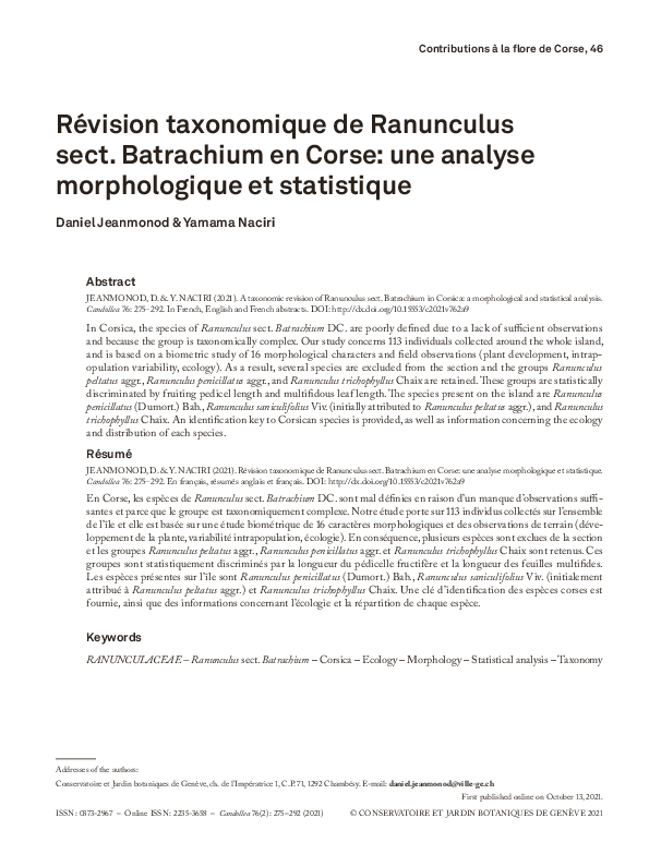 (PDF) Révision taxonomique de Ranunculus sect. Batrachium en Corse: une ...