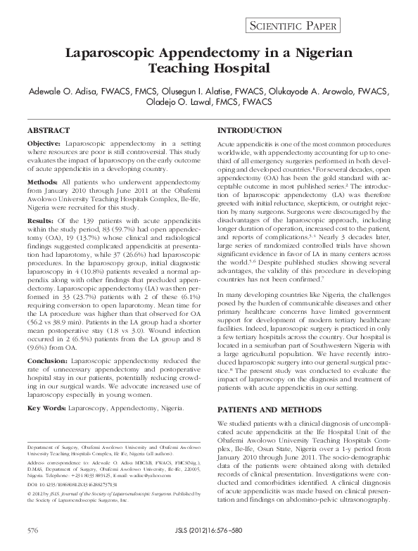 (PDF) Laparoscopic Appendectomy in a Nigerian Teaching Hospital