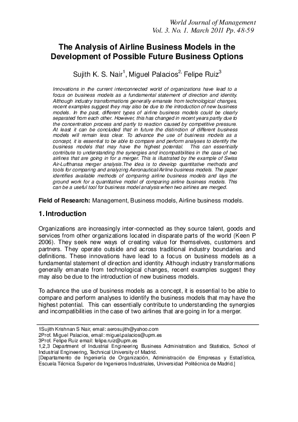 (PDF) The Analysis of Airline Business Models in the Development of ...
