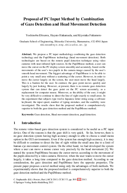 (PDF) Proposal of PC Input Method by Combination of Gaze Detection and Head Movement Detection