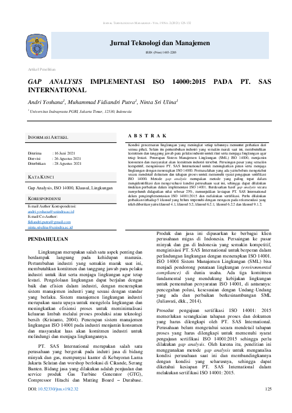 (PDF) Gap Analysis Implementasi Iso 14000:2015 Pada Pt. Sas International