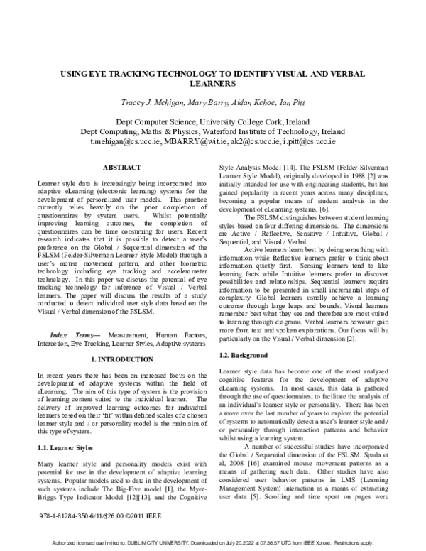 Pdf Using Eye Tracking Technology To Identify Visual And Verbal Learners