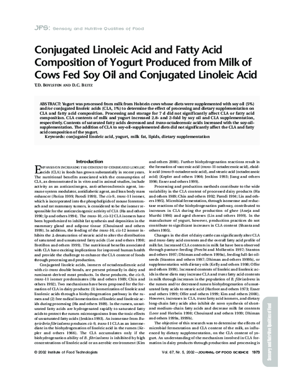 Conjugated Linoleic Acid and Fatty Acid Composition of Yogurt Produced ...