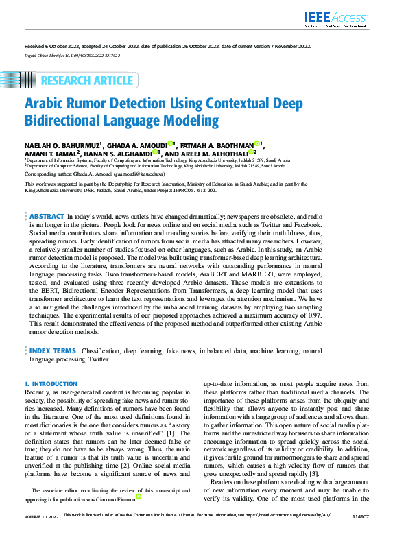 (PDF) Arabic Rumor Detection Using Contextual Deep Bidirectional Language Modeling