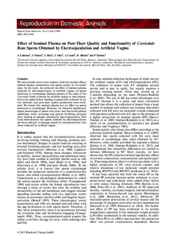 (PDF) Effect of Seminal Plasma on Post-Thaw Quality and Functionality ...