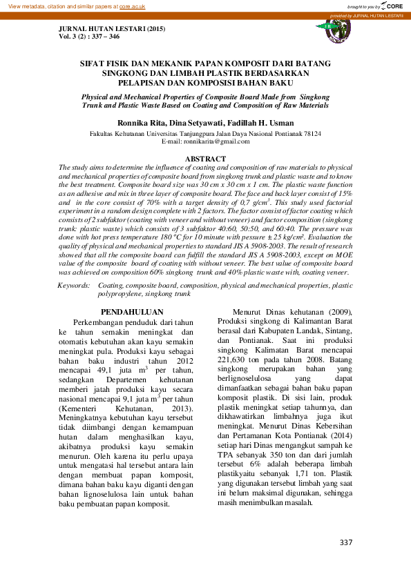 (PDF) Sifat Fisik Dan Mekanik Papan Komposit Dari Batang Singkong Dan Limbah Plastik Berdasarkan ...