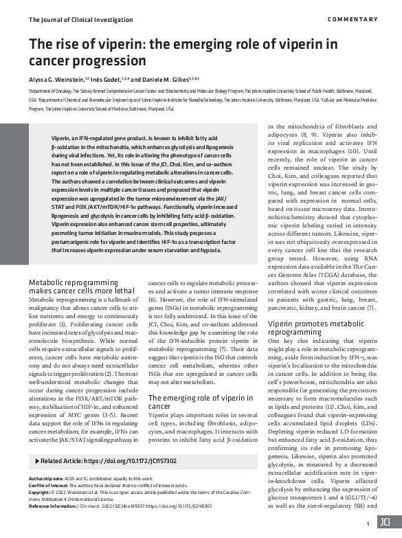 (PDF) Viperin's Role in Cancer Progression and Metabolism