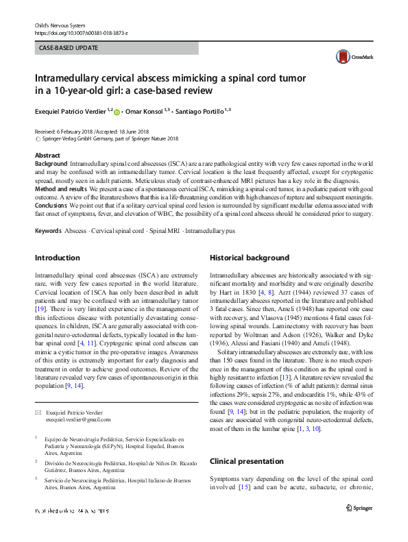 (PDF) Intramedullary cervical abscess mimicking a spinal cord tumor in a 10-year-old girl: a ...