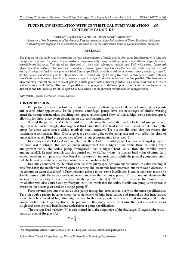 (PDF) Fluid Flow Simulation with Centrifugal Pump Variations : An Experimental Study