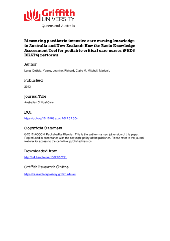 (PDF) Measuring Paediatric Critical Care Nursing Knowledge in Australia ...