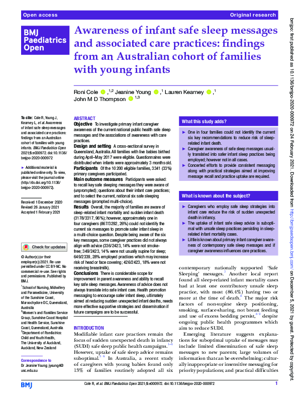 (PDF) Awareness of infant safe sleep messages and associated care ...