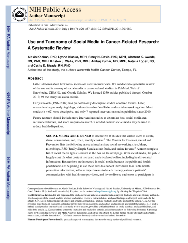 (PDF) Use and Taxonomy of Social Media in Cancer-Related Research: A ...