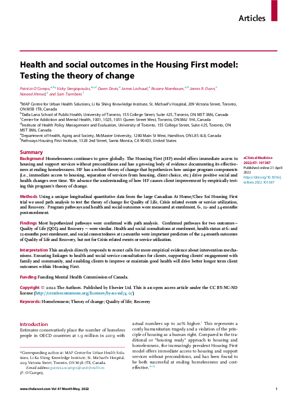 (PDF) Health and social outcomes in the Housing First model: Testing ...