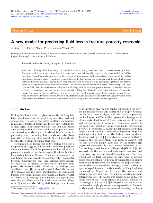 (PDF) A new model for predicting fluid loss in fracture-porosity reservoir | Jinjiang Liu ...