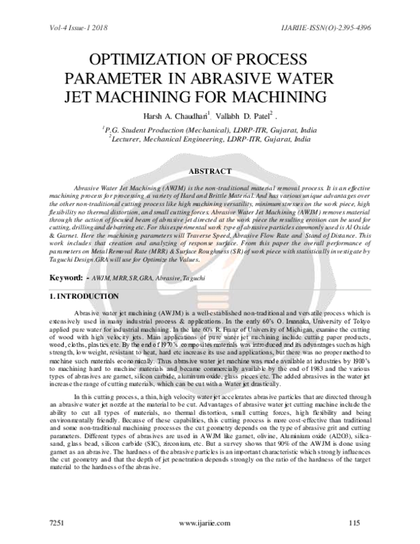 (PDF) Optimization of Process Parameter in Abrasive Water Jet Machining ... (PDF) Optimization of Process Parameter in Abrasive Water Jet Machining ...