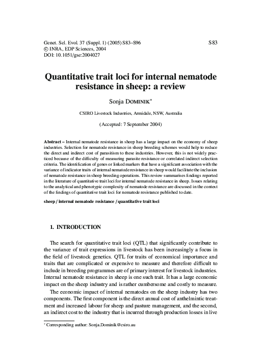 Pdf Quantitative Trait Loci For Internal Nematode Resistance In Sheep A Review