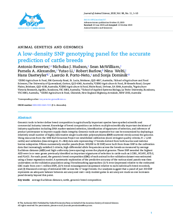 Pdf A Low Density Snp Genotyping Panel For The Accurate Prediction Of Cattle Breeds Sonja