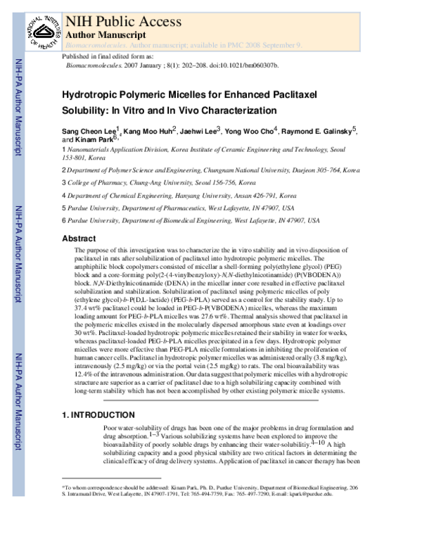 (PDF) Hydrotropic Polymeric Micelles for Enhanced Paclitaxel Solubility ...