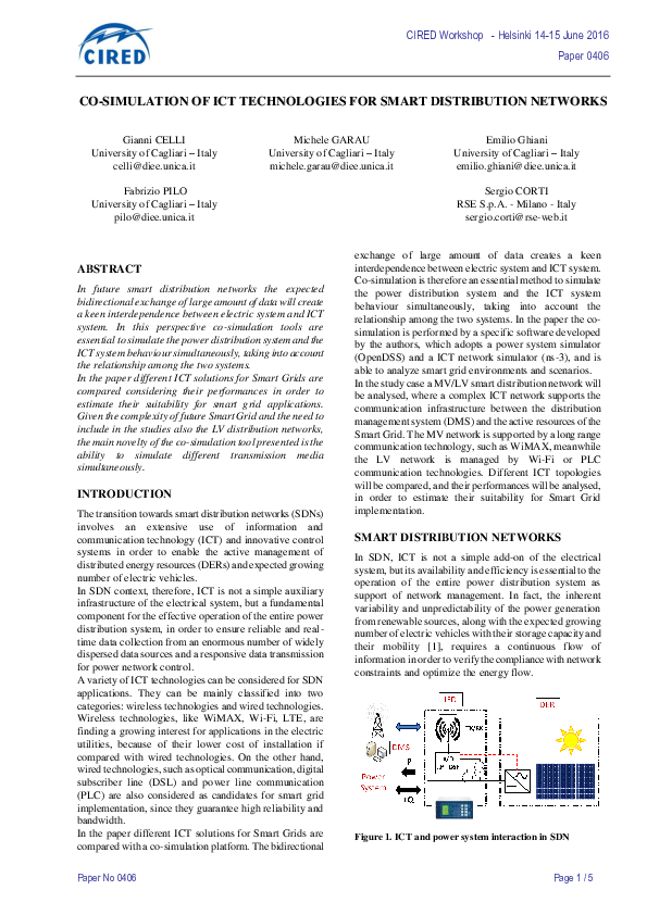 (PDF) Co-Simulation of ICT Technologies for Smart Distribution Networks