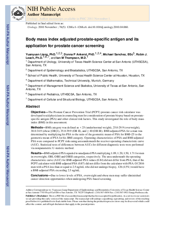 (PDF) Body Mass Index Adjusted Prostate-specific Antigen and Its ...