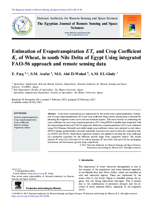 (PDF) Estimation of Evapotranspiration ETc and Crop Coefficient Kc of Wheat, in south Nile Delta ...